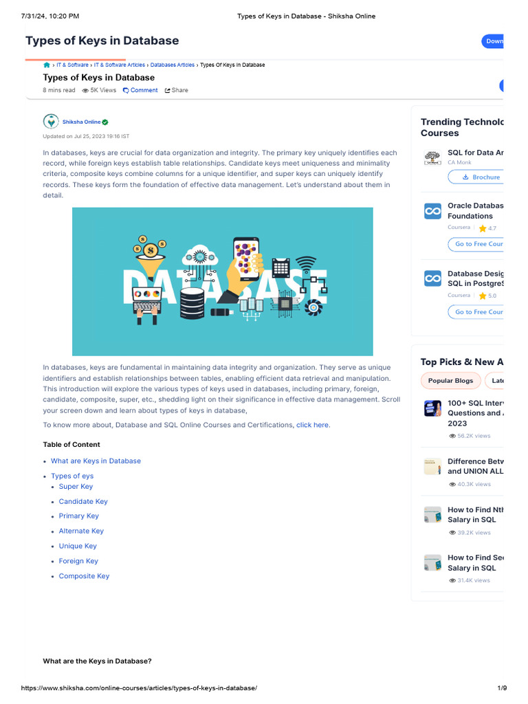 Types of Keys in Database - Shiksha Online | PDF