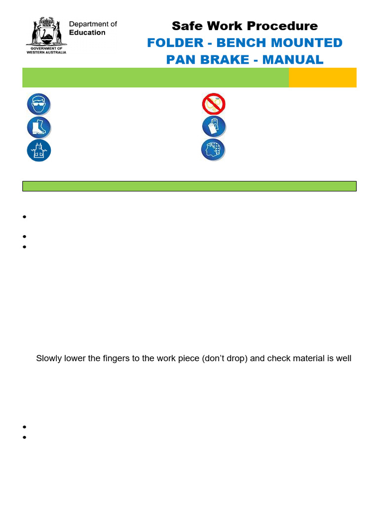 Folder, Pan Brake Bench Mounted Safe Work Procedures | PDF