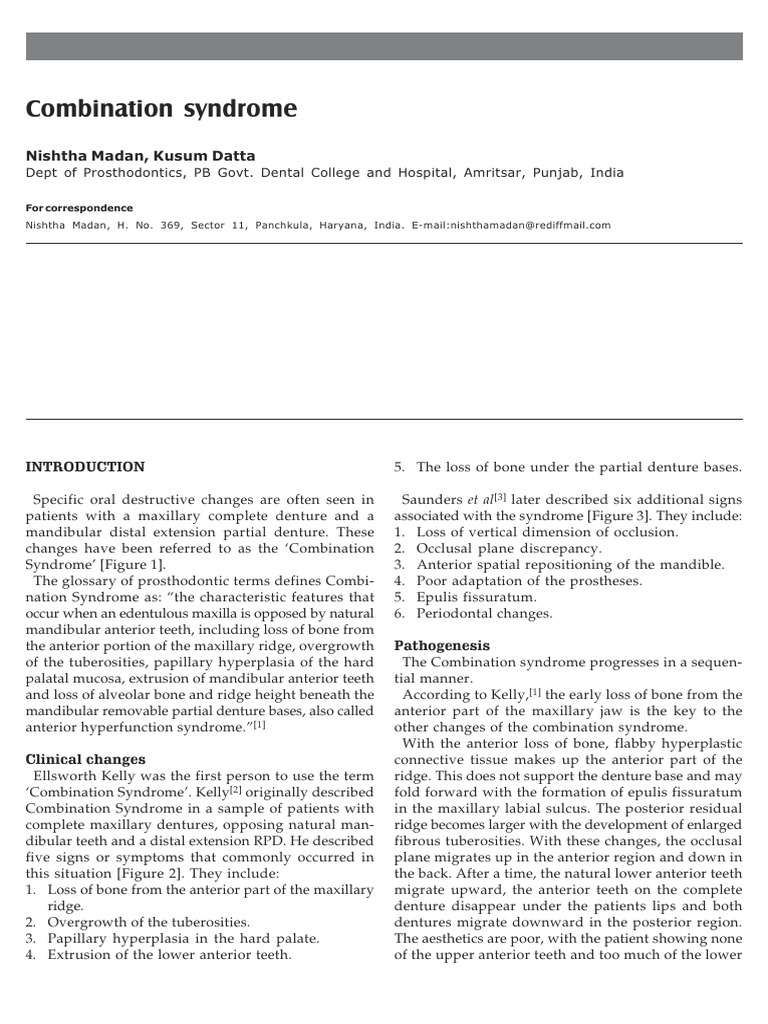 Combination Syndrome Nishtha Madan, Kusum Datta Dept of Prosthodontics ...