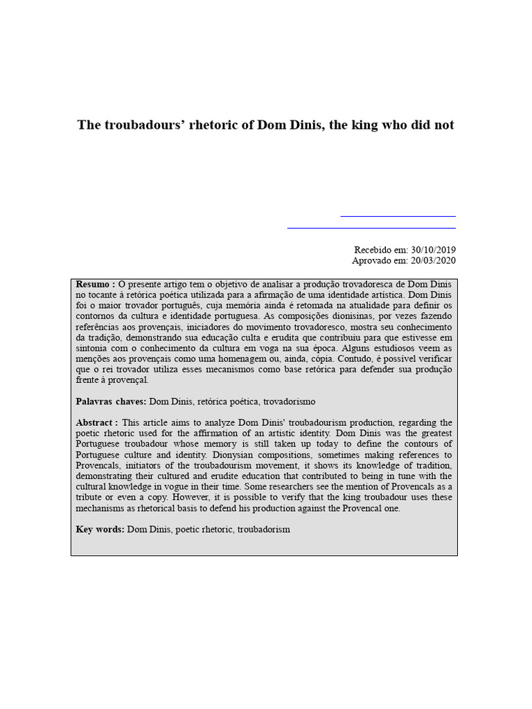 A Retórica Trovadoresca de Dom Dinis, o Rei Que Não Tira A Coroa Ao Trovar1 | PDF
