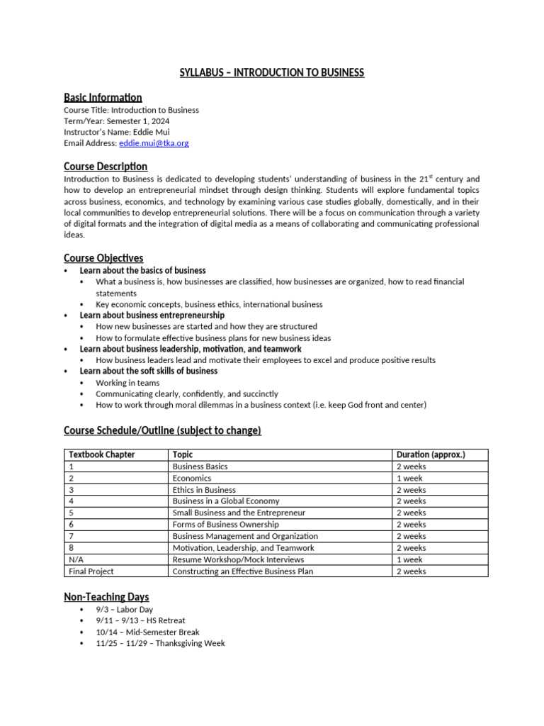 Intro to Business - Syllabus | PDF