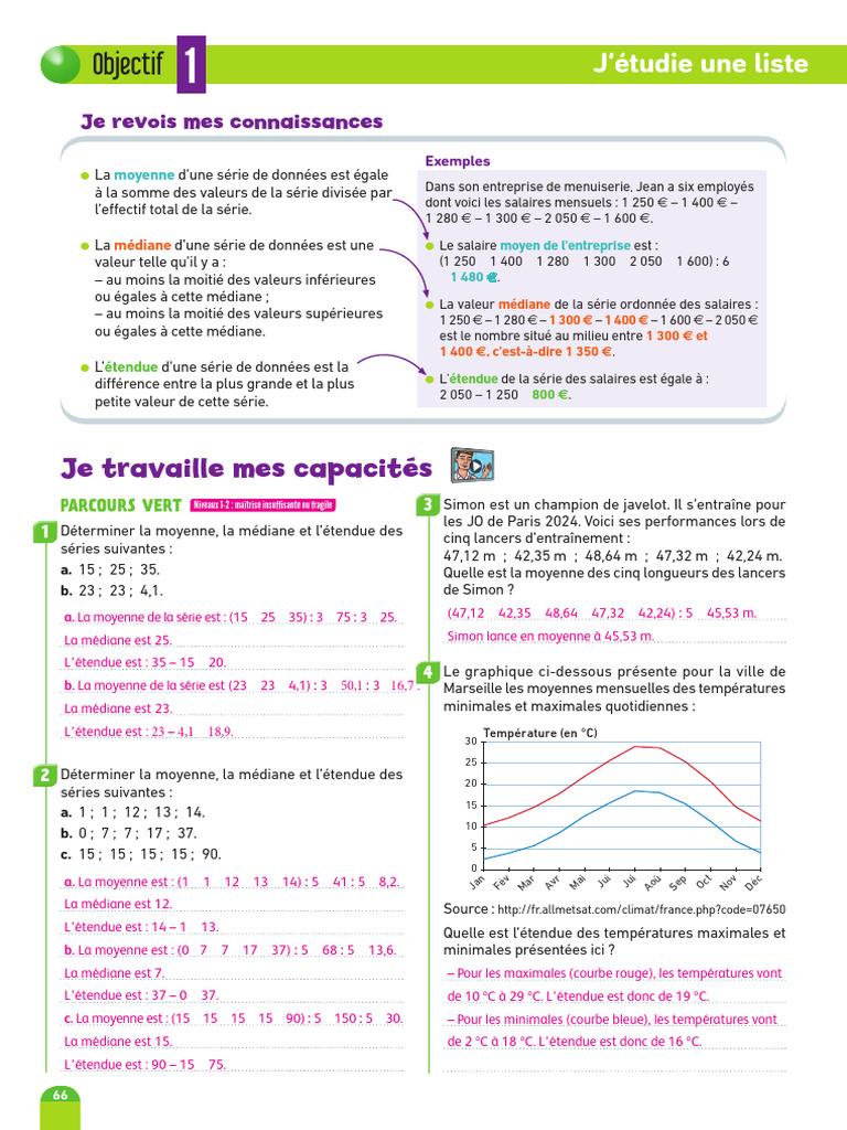 Cours Exercices Sur La Moyenne Etendue Mediane Serie Statistique | PDF