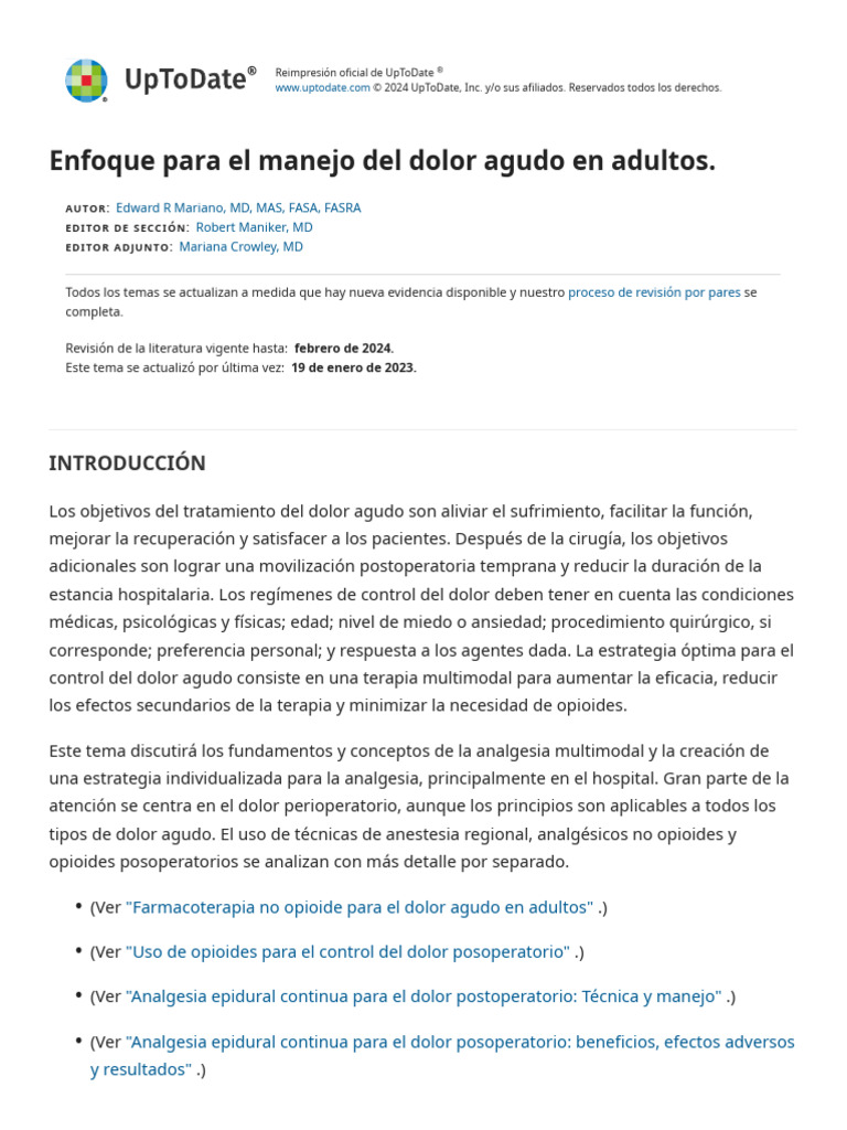 Enfoque para El Manejo Del Dolor Agudo en Adultos - UpToDate | PDF