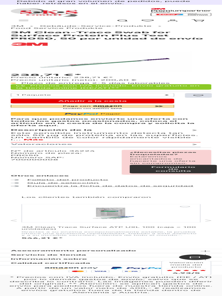 3M Clean-Trace Swab for Surface Protein Plus Test PR050, 50 por unidad ...