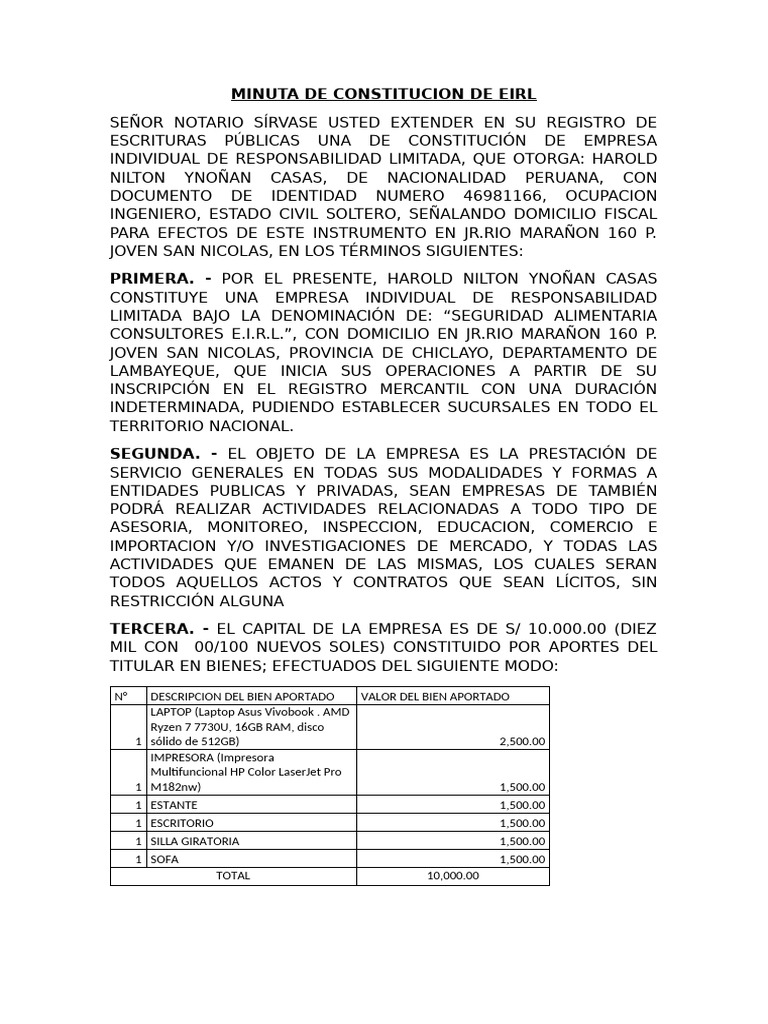 Minuta Eirl - Harold Ynoñan | PDF