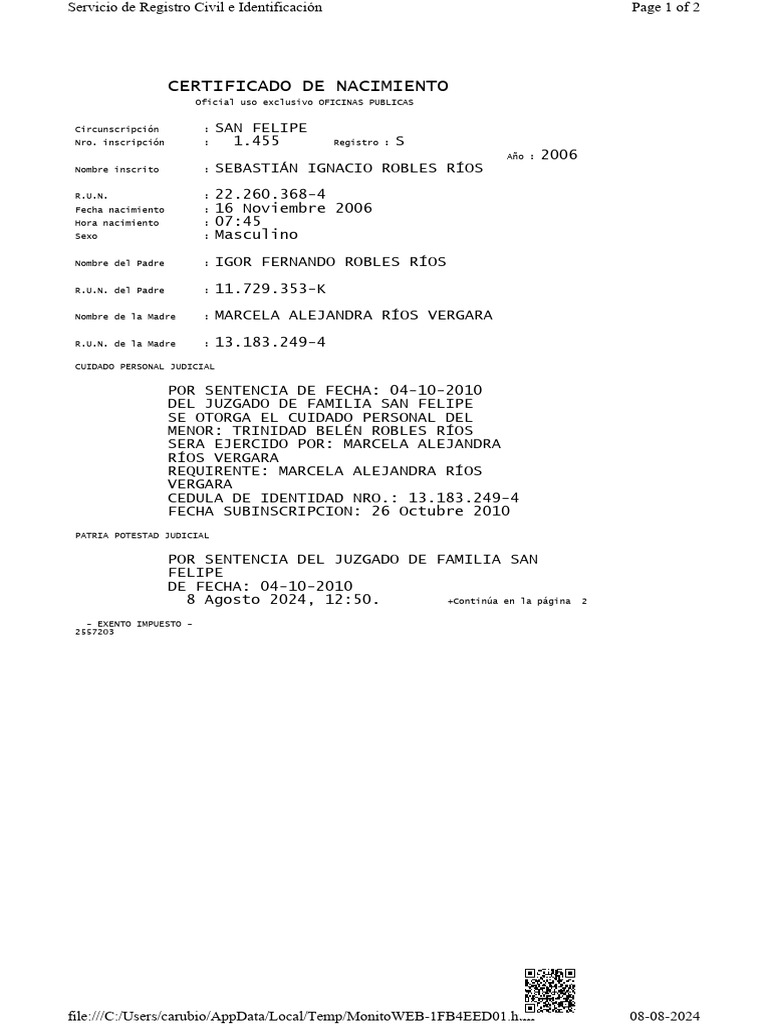 Certificado de Nacimiento: Este Documento Tiene Firma Electrónica y Su ...