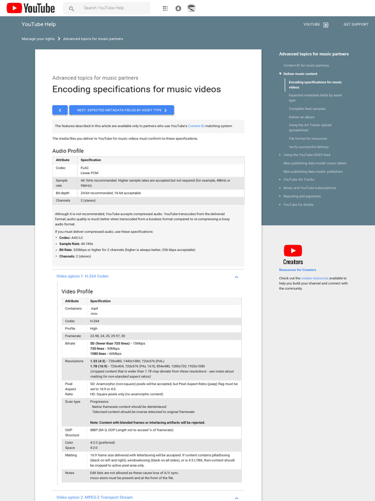 Youtube Help - Advanced Topics For Music Partners - Encoding Specifications For Music Videos | PDF