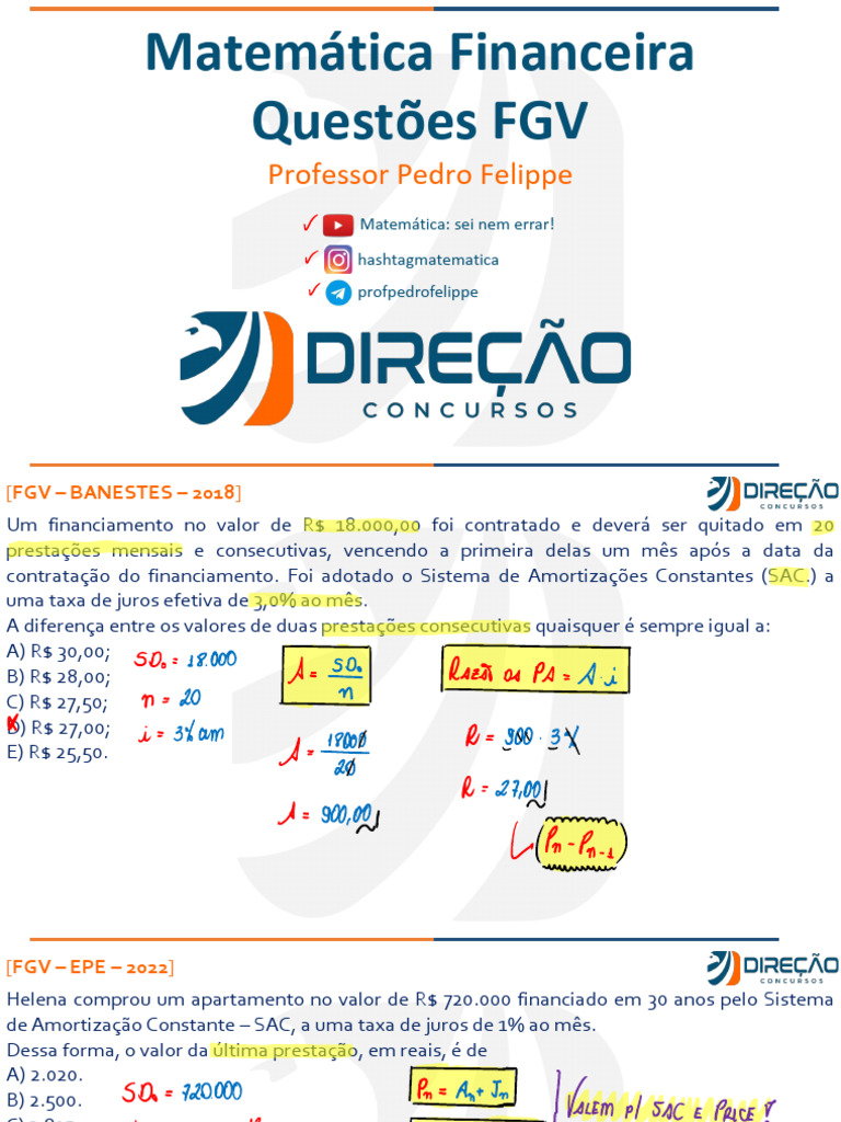 Matemática Financeira - Amortizações - FGV (Riscado) | PDF