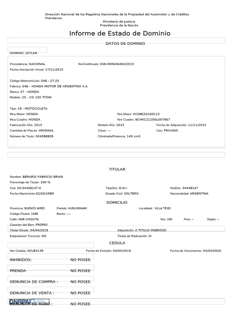 Informe Dominio | PDF