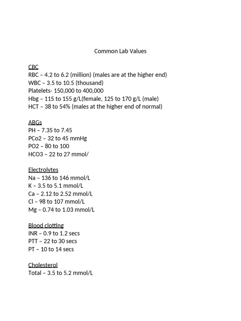 Common Lab Values | PDF
