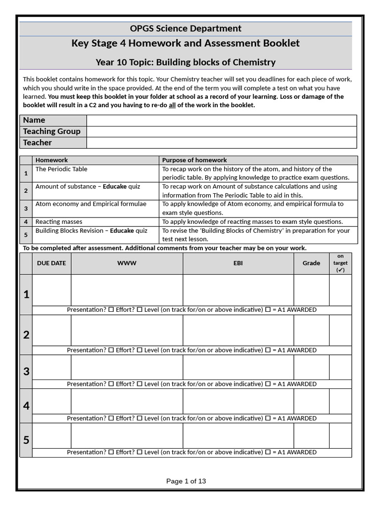 Homework Booklet | PDF