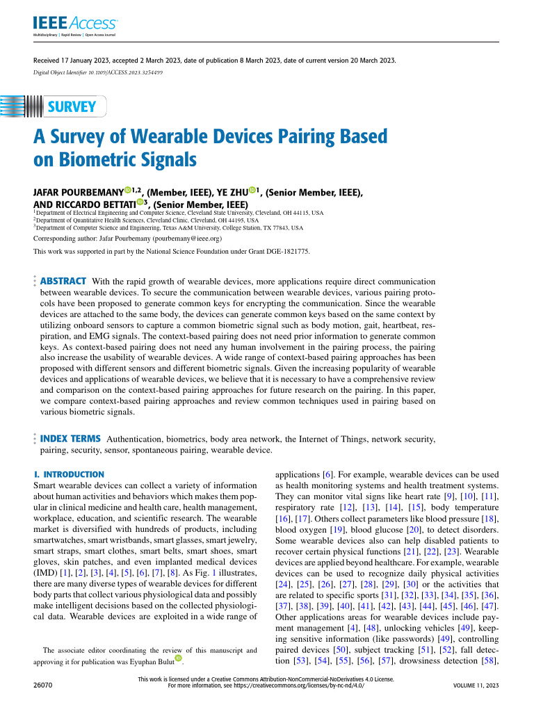 A Survey of Wearable Devices Pairing Based On Biometric Signals | PDF