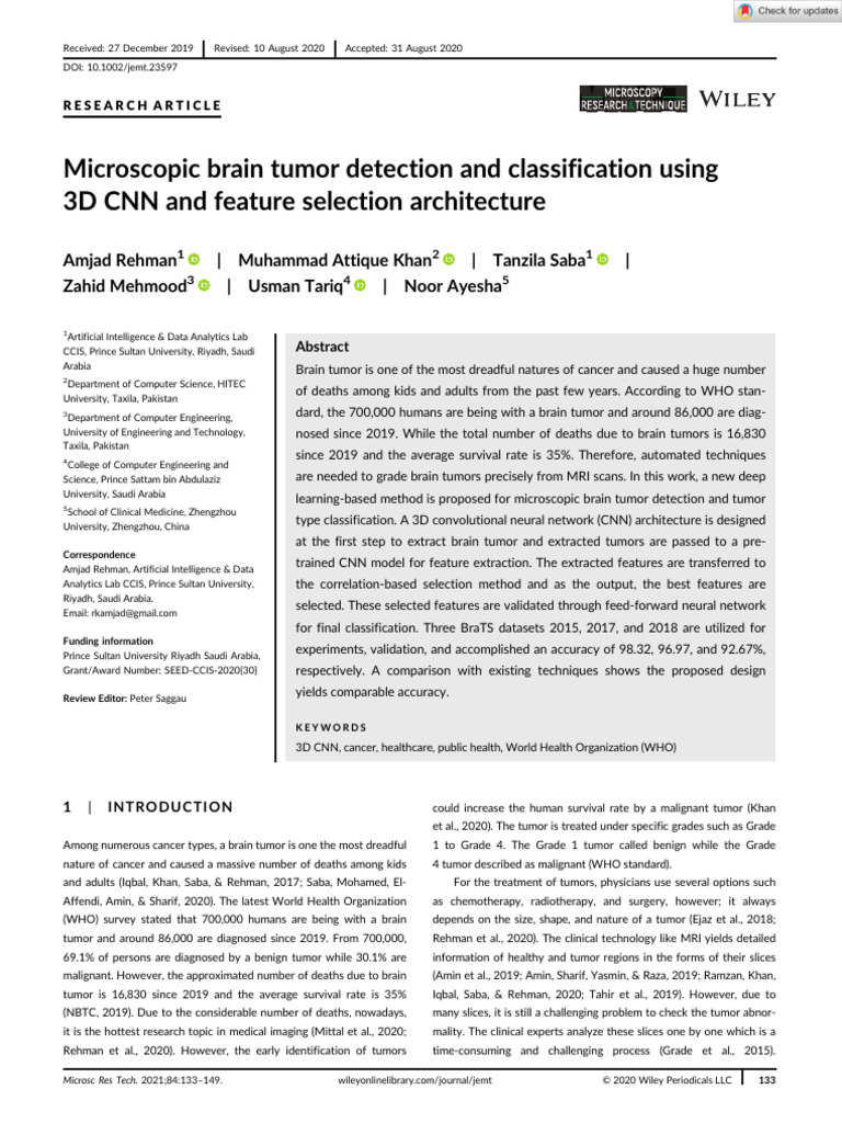 Microscopic Brain Tumor Detection And Classification Using 3d Cnn And Feature Selection