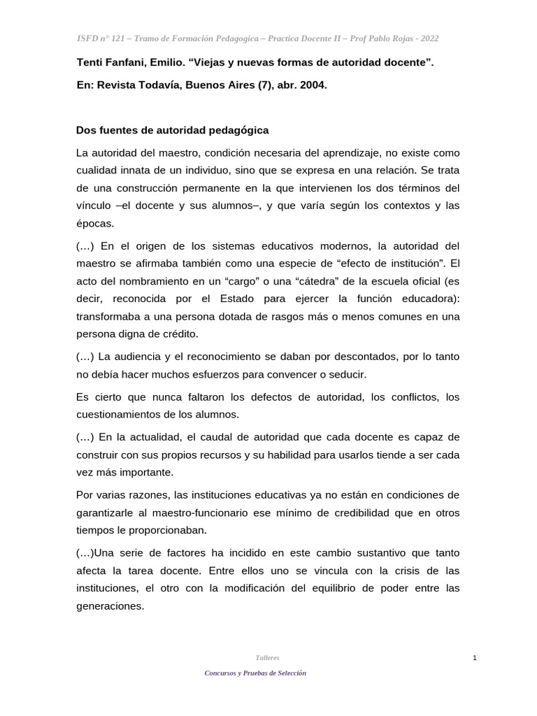 Tenti Fanfani, Emilio. - Viejas y Nuevas Formas de Autoridad Docente | PDF
