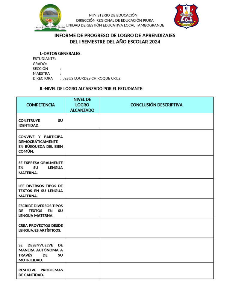 Informe de Progreso de Logro de Aprendizajes. - 2024 | PDF