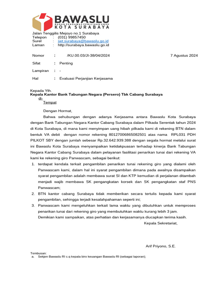 Surat Ketidakpuasan Kinerja BTN | PDF