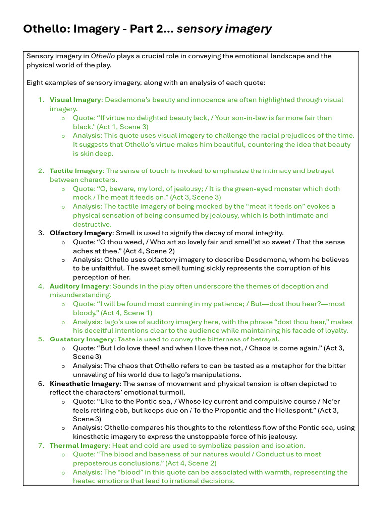 Othello Imagery - Part 2 Sensory Imagery | PDF