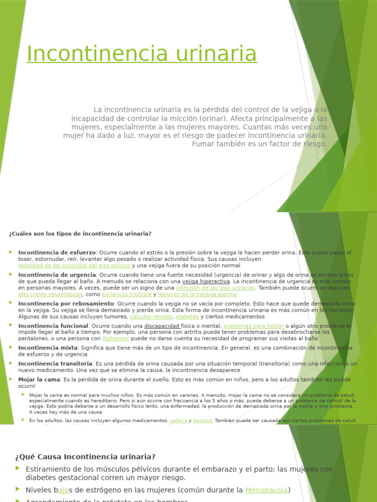 Tipos y tratamientos de incontinencia urinaria | PDF | Micción | Salud ...