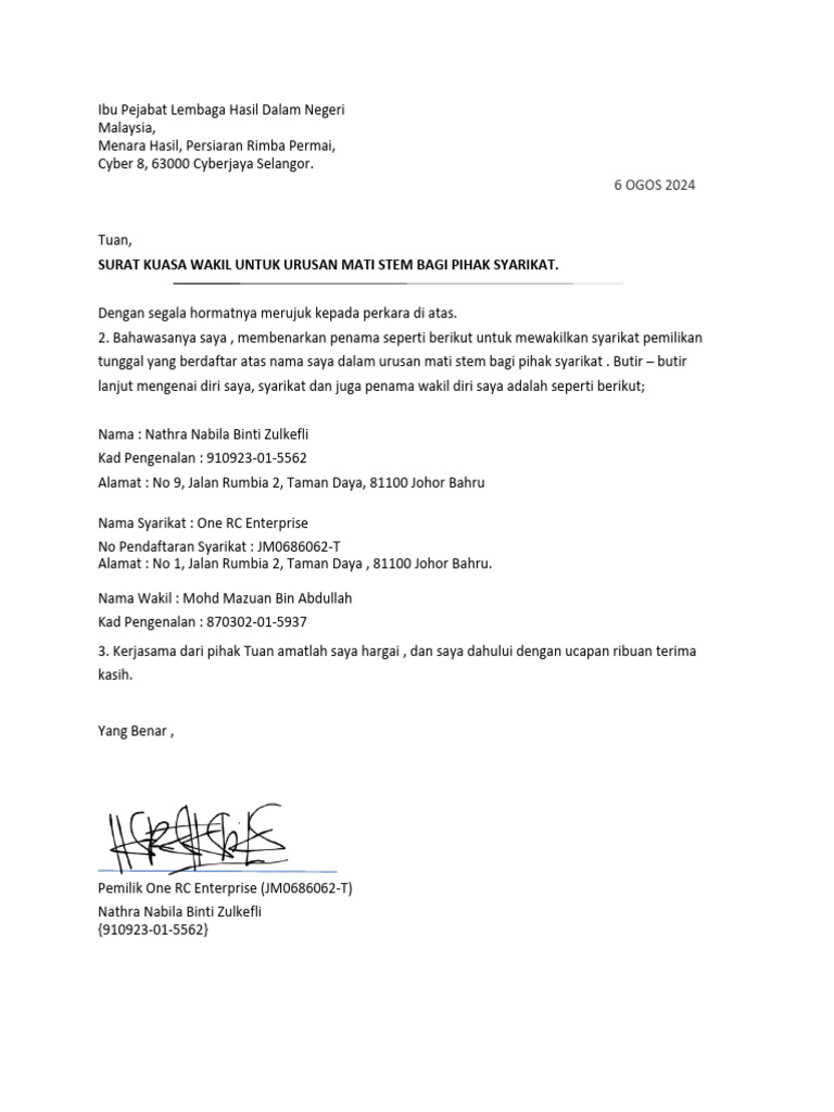 Surat Wakil Syarikat LHDN | PDF