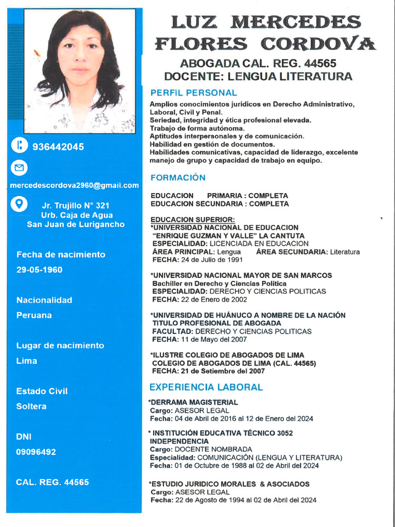 Cv-Luz Mercedes Flores Córdova. - Sector XX y Iii | PDF