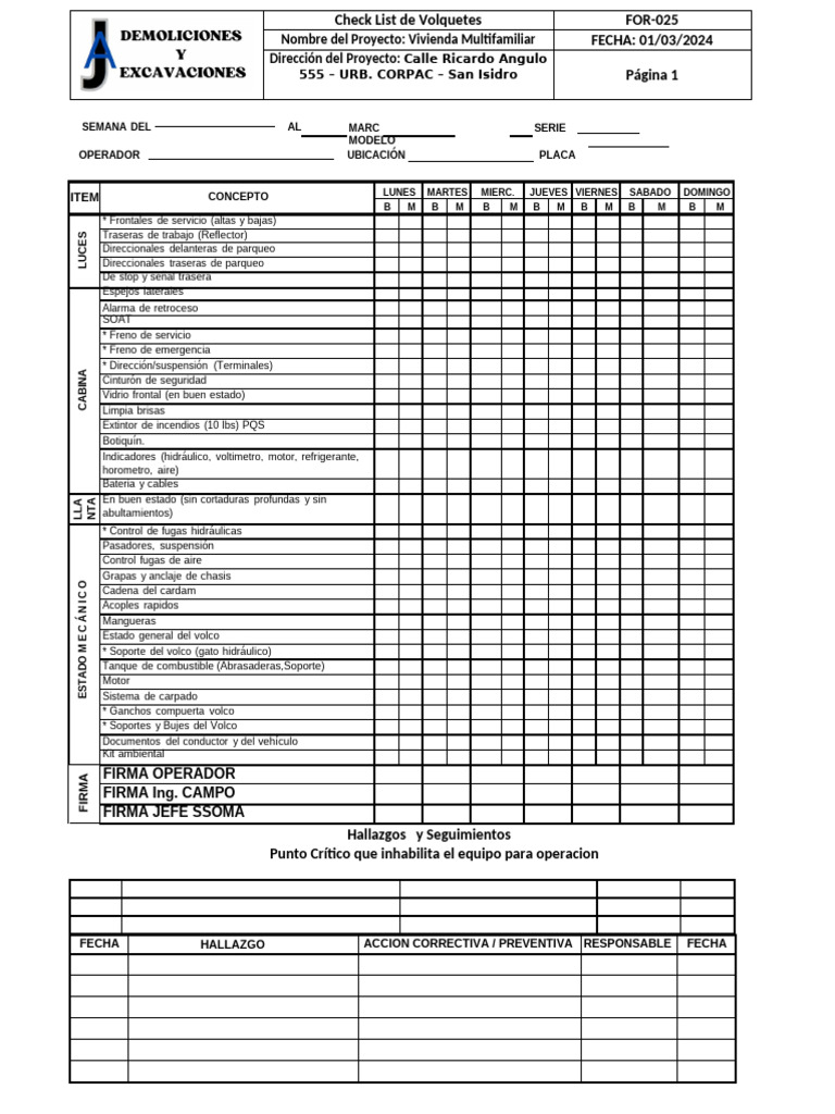 Check List de Volquetes | PDF