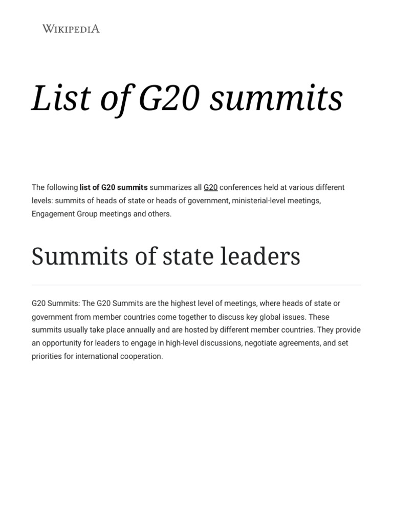 List of G20 Summits - Wikipedia | PDF