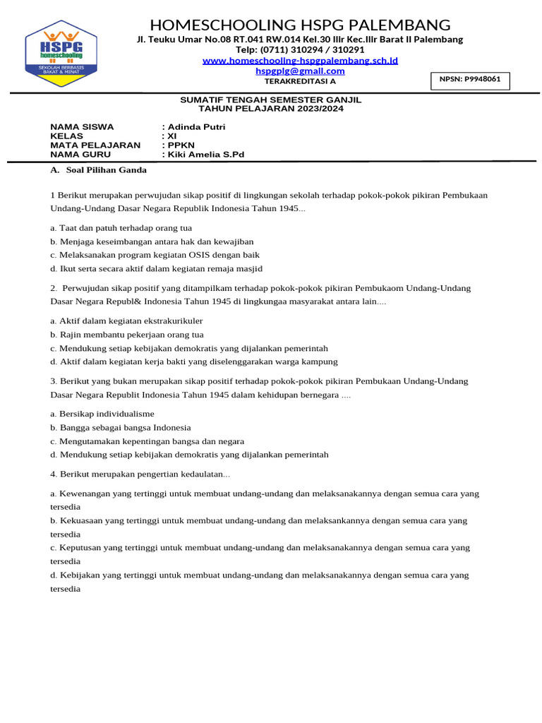 Soal Dinda PPKN Kls 11 | PDF