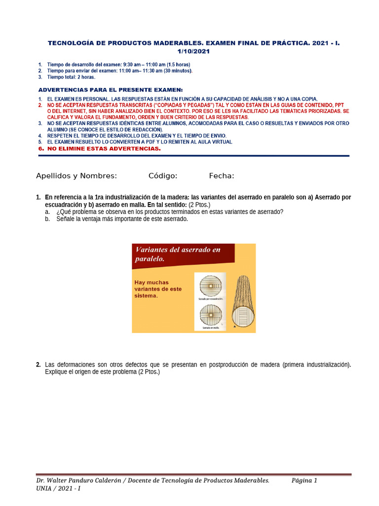 Z Examen Final Práctica. Tec. Prod. Maderables. 2021-I. 01 Oct 2021 A 9.30 Am. | PDF