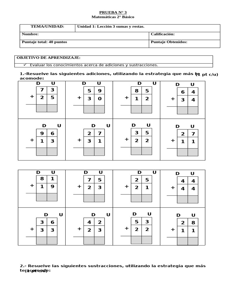Prueba de Sumas y Restas 2° Básico | PDF | Aprendizaje | Matemáticas
