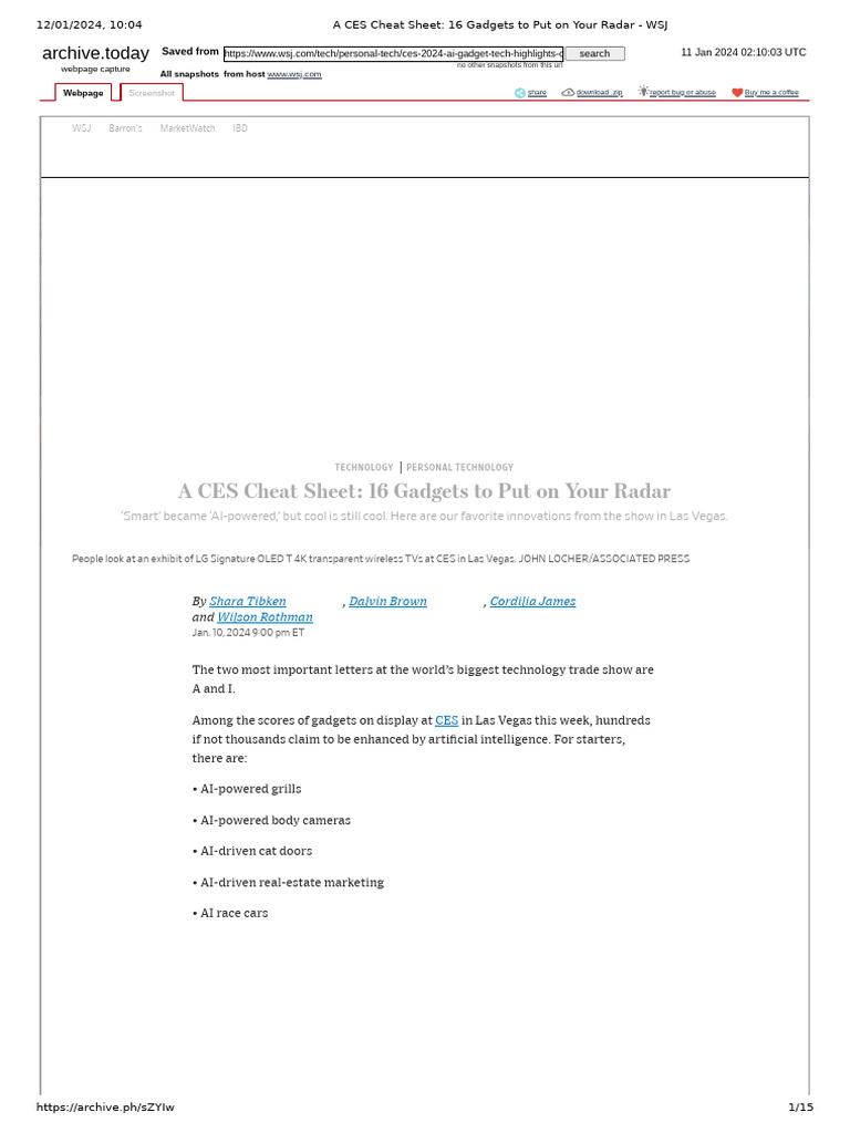 A CES Cheat Sheet - 16 Gadgets To Put On Your Radar - WSJ | PDF