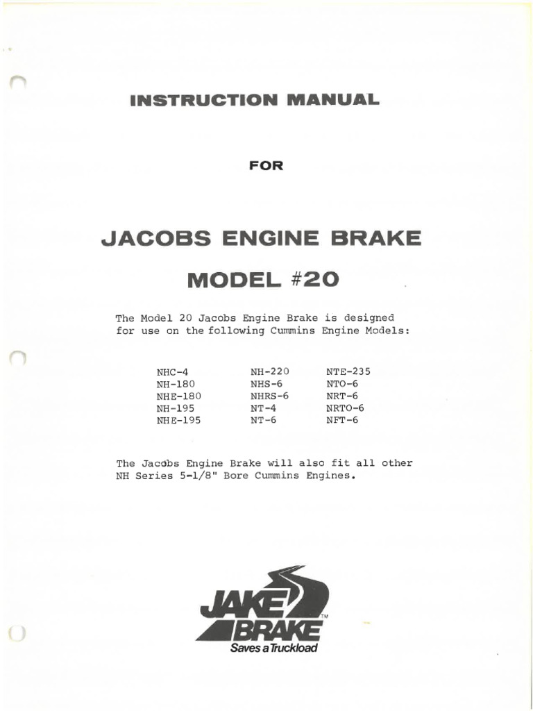 Jacobs Engine Brake Model 20 Installation Manual | PDF