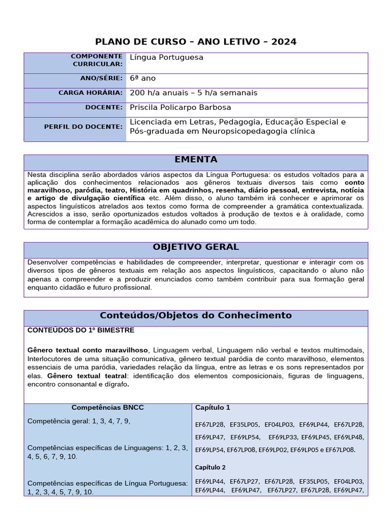 Plano de Curso - 6º Ano - 2024 | PDF