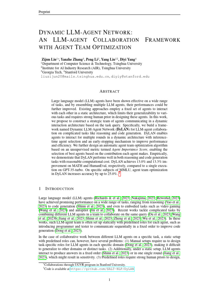 Dynamic LLM-Agent Network - An LLM-agent Collaboration Framework With Agent Team Optimization | PDF