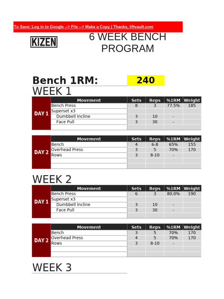 Cópia de KIZEN 6 Week Bench Program2 | PDF