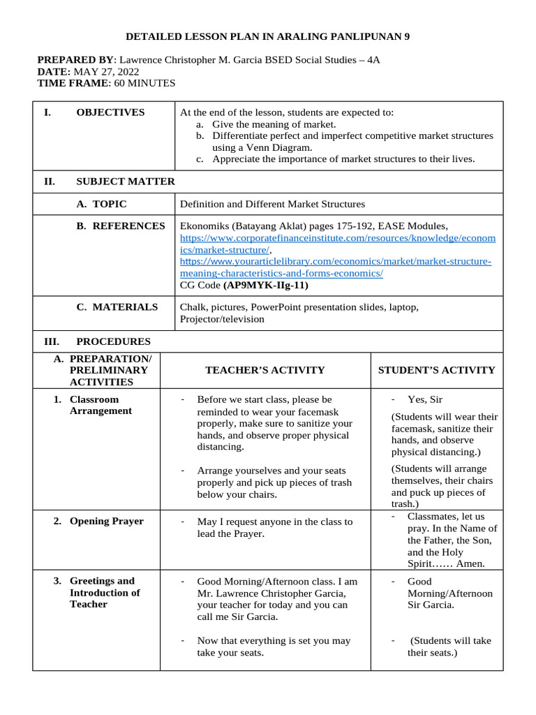 Market and Market Structures Detailed Lesson Plan | PDF