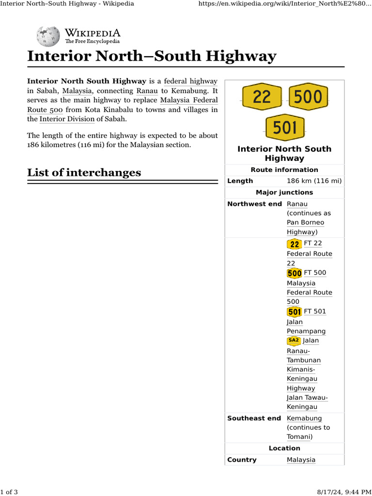 Interior North-South Highway - Wikipedia | PDF