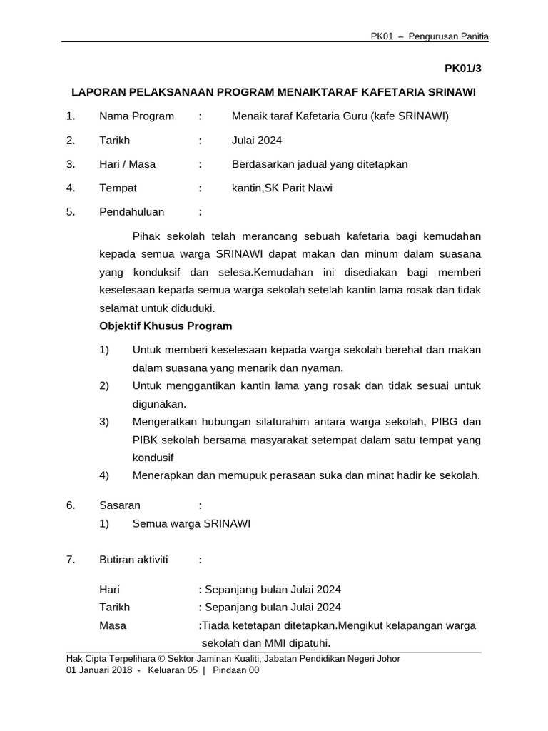 Laporan Pelaksanaan Program Menaiktaraf Kafetaria Srinawi | PDF