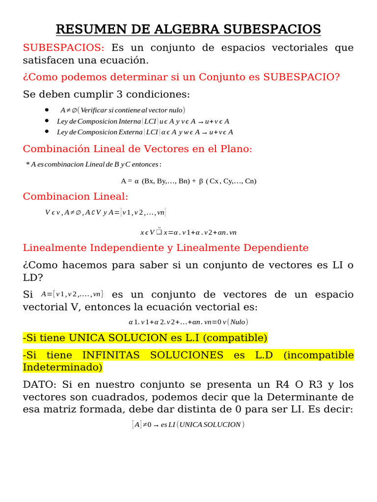 Resumen de Algebra Subespacios | PDF