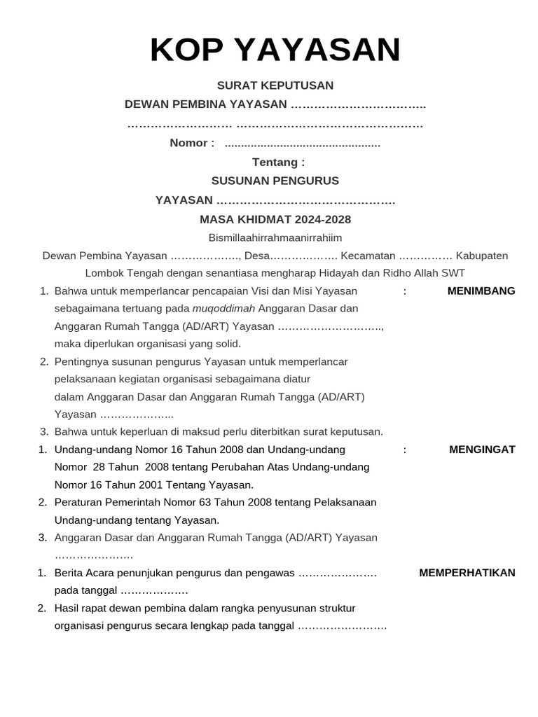 Contoh SK Pengurus Yayasan | PDF