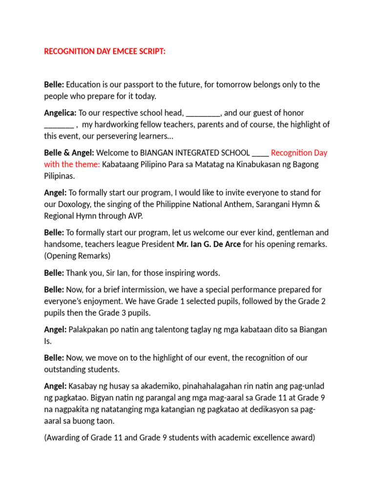 Bis Recognition Day Emcee Script | PDF