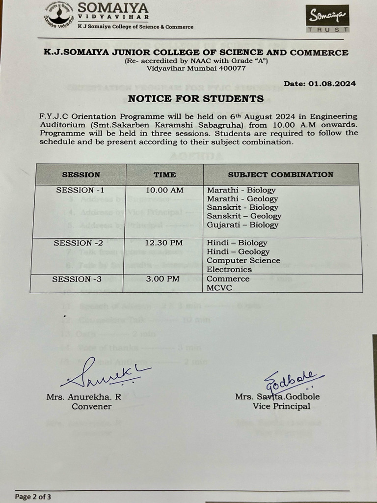 Notice of Orientation Programme For FYJC Students | PDF