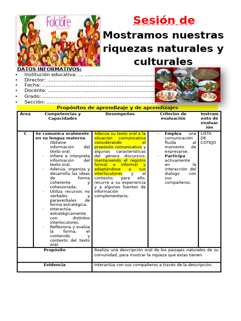 6º Grado Dia 1 Com. Mostramos Nuestras Riquezas Naturales y Culturales ...