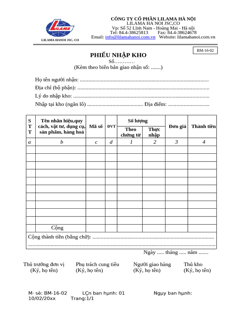 BM-16-02 Phieu Nhap Kho | PDF