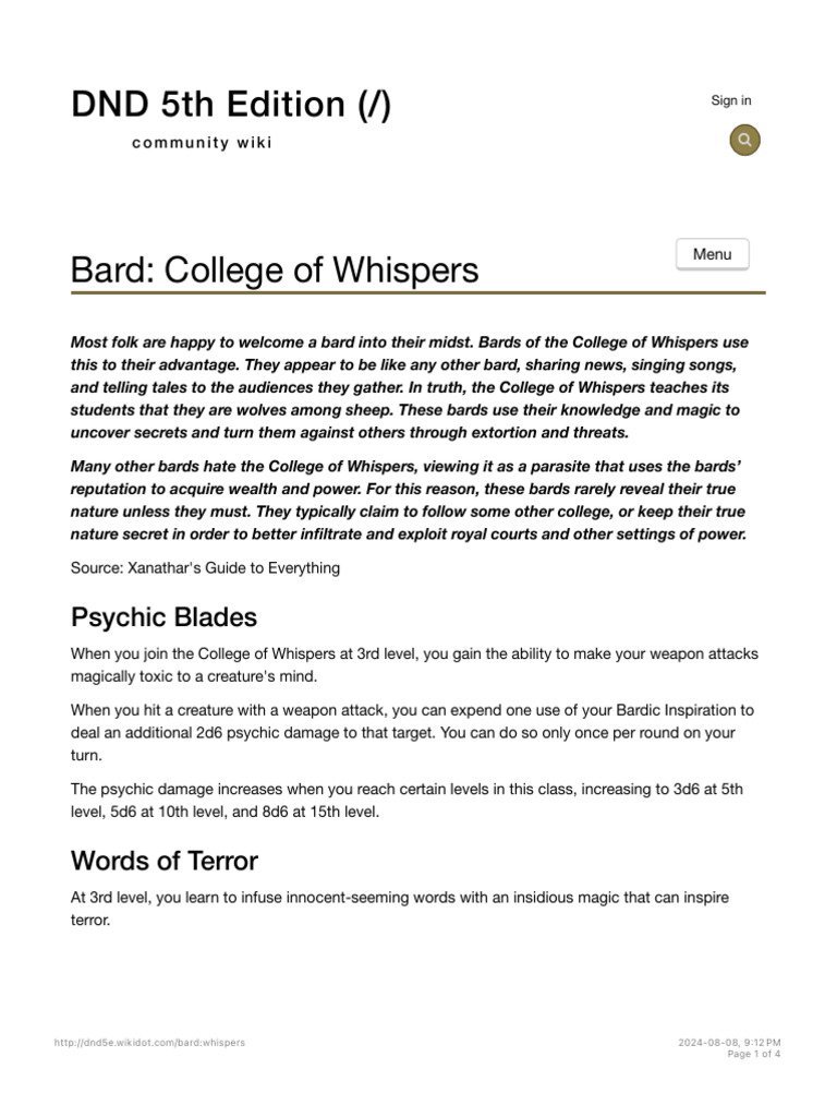 Bard - College of Whispers - DND 5th Edition | PDF