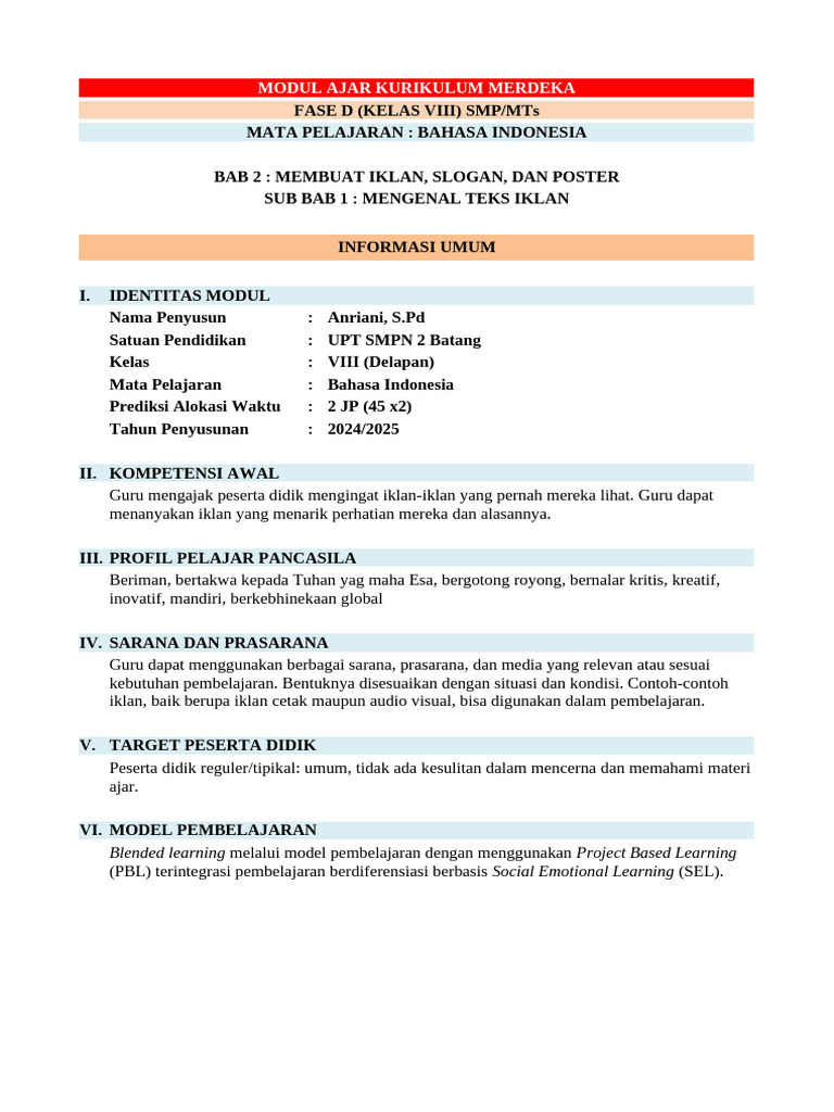 Modul Bahasa Indonesia 8 - Bab 2 | PDF