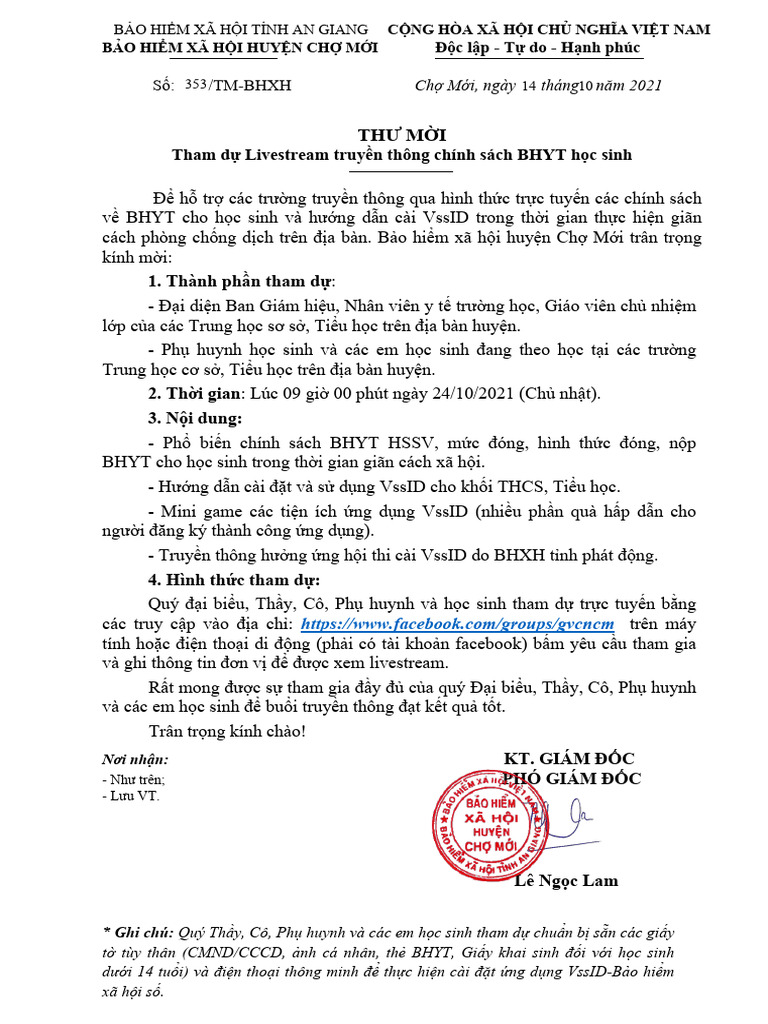 353 TM-BHXH Thu Moi Tham Du Livestream Truyen Thong Chinh Sach BHYT Hoc Sinh | PDF