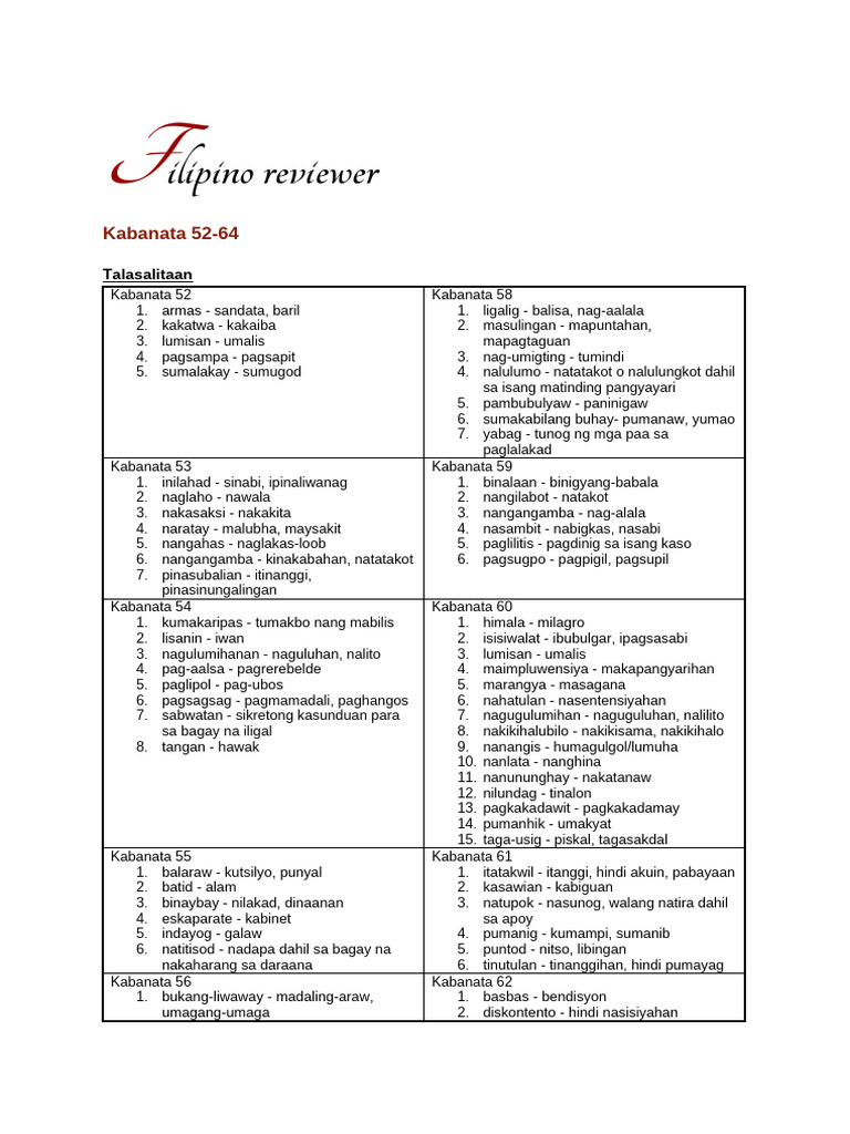 Grade 9 Filipino Reviewer 52-64 | PDF