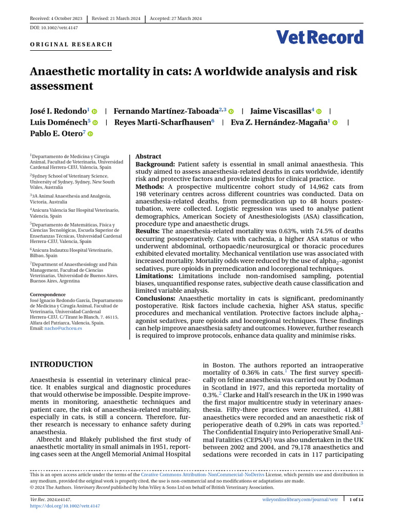 Veterinary Record - 2024 - Redondo - Anaesthetic Mortality in Cats A Worldwide Analysis and Risk ...