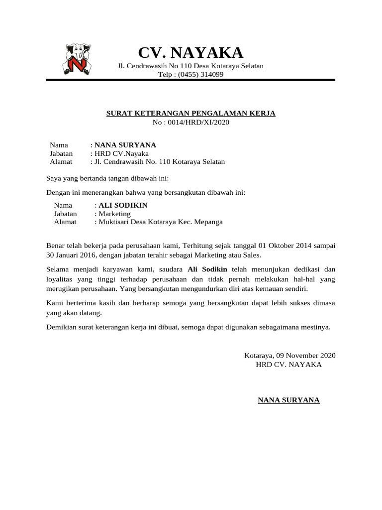 Contoh Surat Keterangan Kerja | PDF