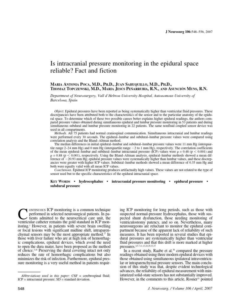 ICP Monitoring in Epidural Spacepoca2007 | PDF